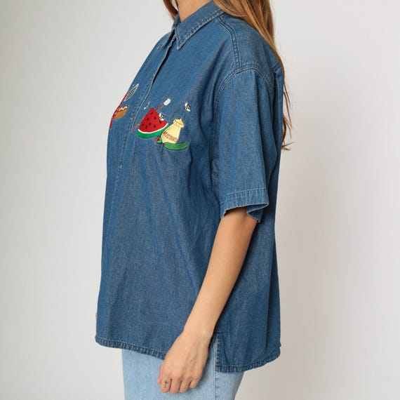 90s Denim BBQ Shirt Embroidered Hot Dog Watermelon To… - Gem