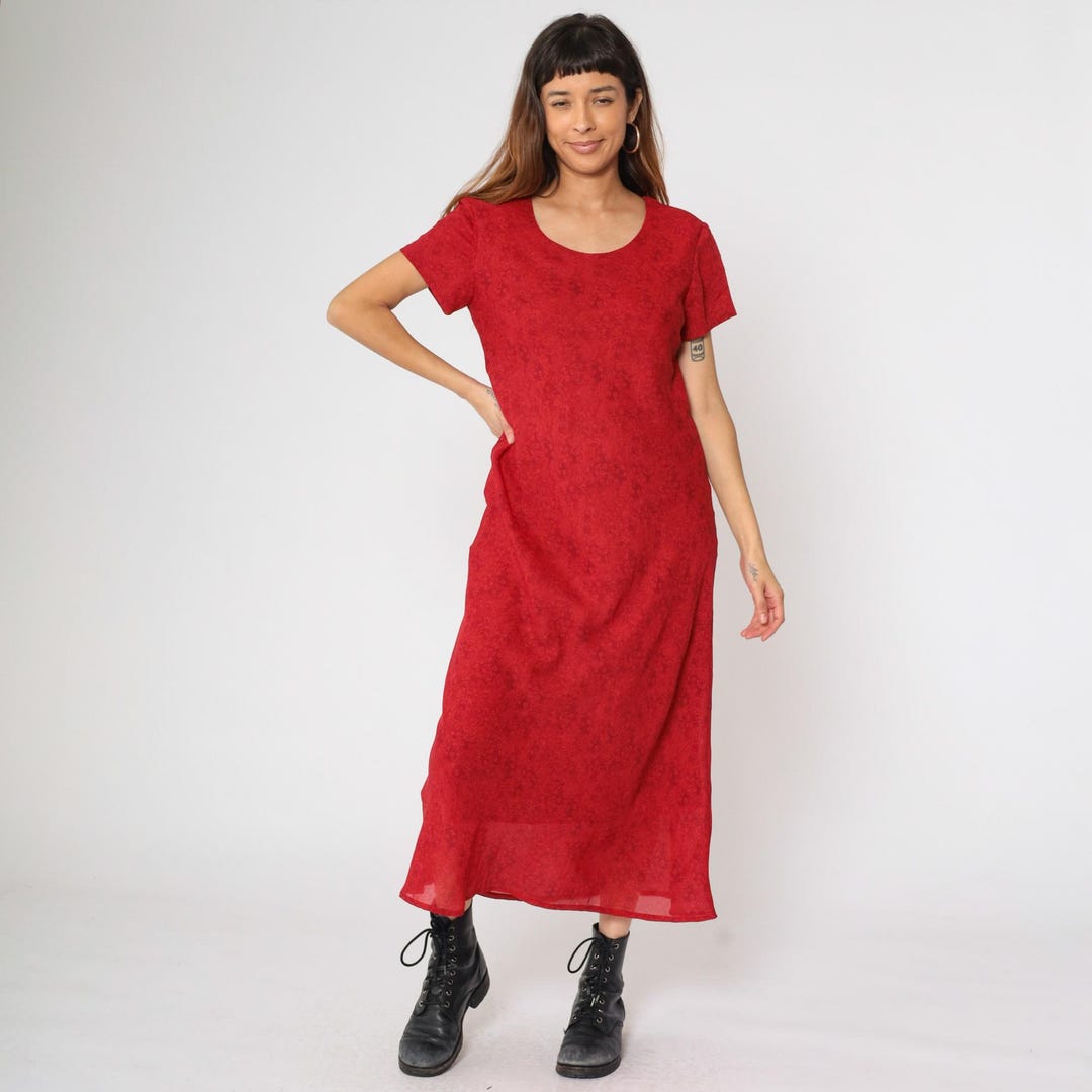 90s Red Floral Dress Scroll Print Maxi Shift Dress Vintage Summer ...