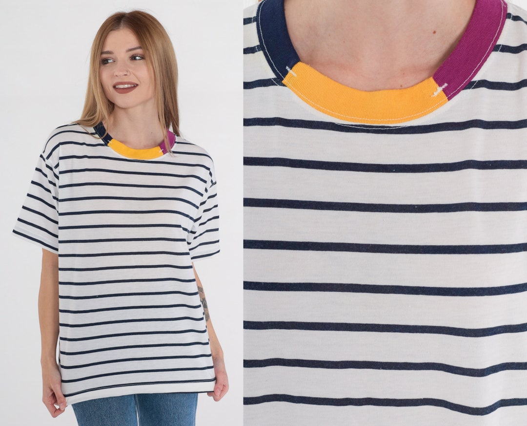 Striped T-shirt 90s Ringer Tee White Navy Blue Shirt Yellow Magenta ...