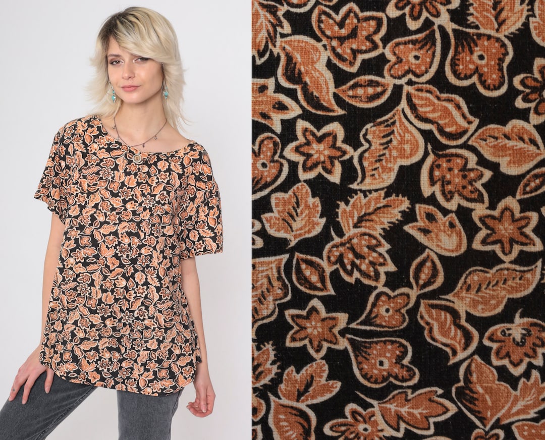 Floral Henley Shirt 90s Black Orange Flower Print T-shirt Short Sleeve ...