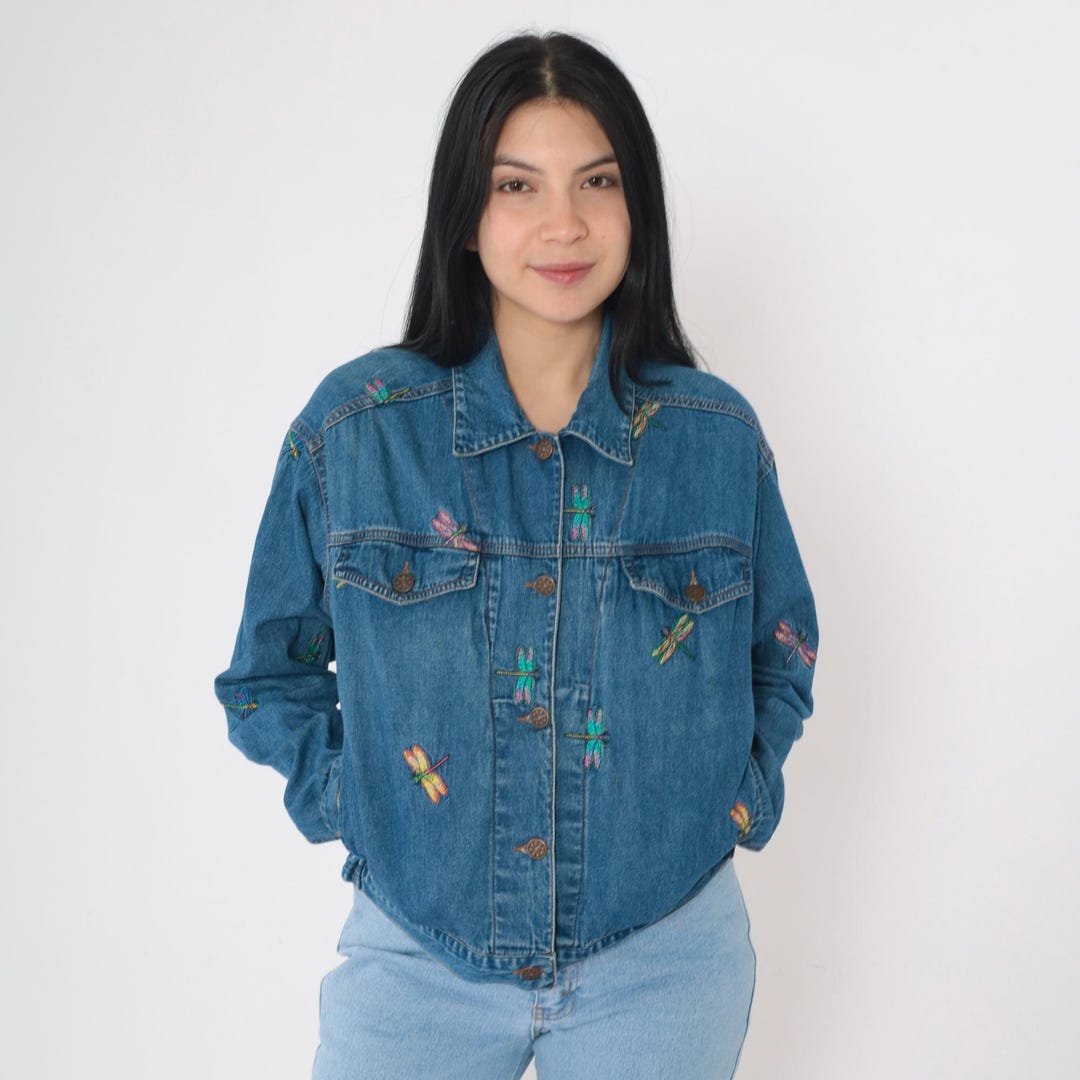 90s Denim Dragonfly Jacket Blue Embroidered Jean Jacket Button up Boho ...