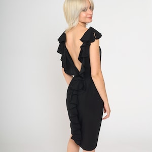 1960s Black Party Dress Ruffle Open Back Wiggle Dress Knee Length 60s ...