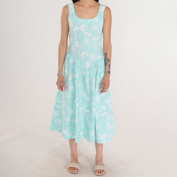 Floral Sundress 80s Light Aqua Blue Midi Dress Retro … - Gem