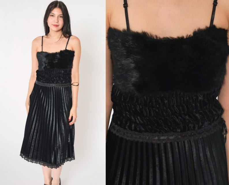 Y2K Black Party Dress Faux Fur Velour Going Out Dress Midi Pleated ...