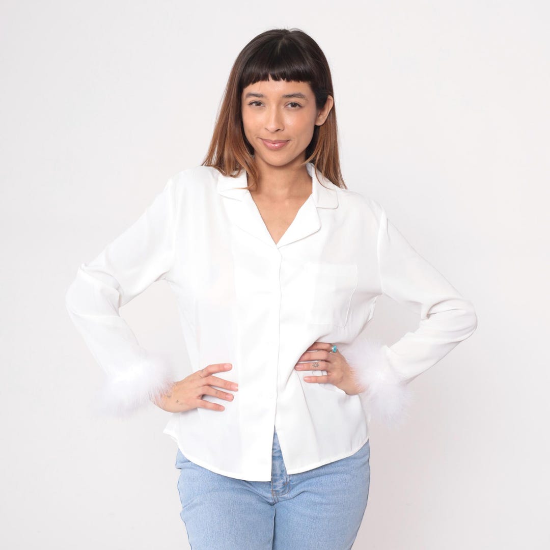 Feather Trim Top 90s White Shirt Collar Blouse Vintage Classic Style ...