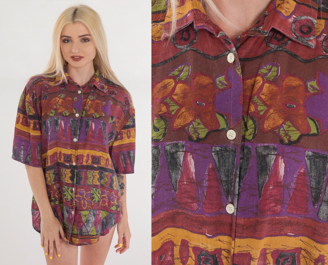 Abstract Floral Blouse 90s Button up Shirt Red Short Sleeve Geometric ...