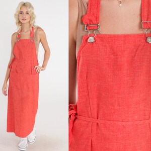 70s Apron Dress Orange Maxi Wrap Overall Dress Open Back Low Armhole ...