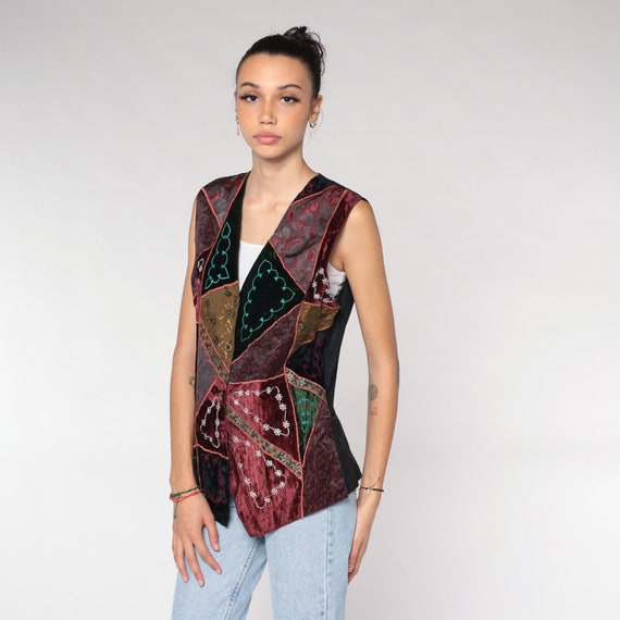 Velvet Patchwork Vest 90s Floral Embroidered Vest Boh… - Gem