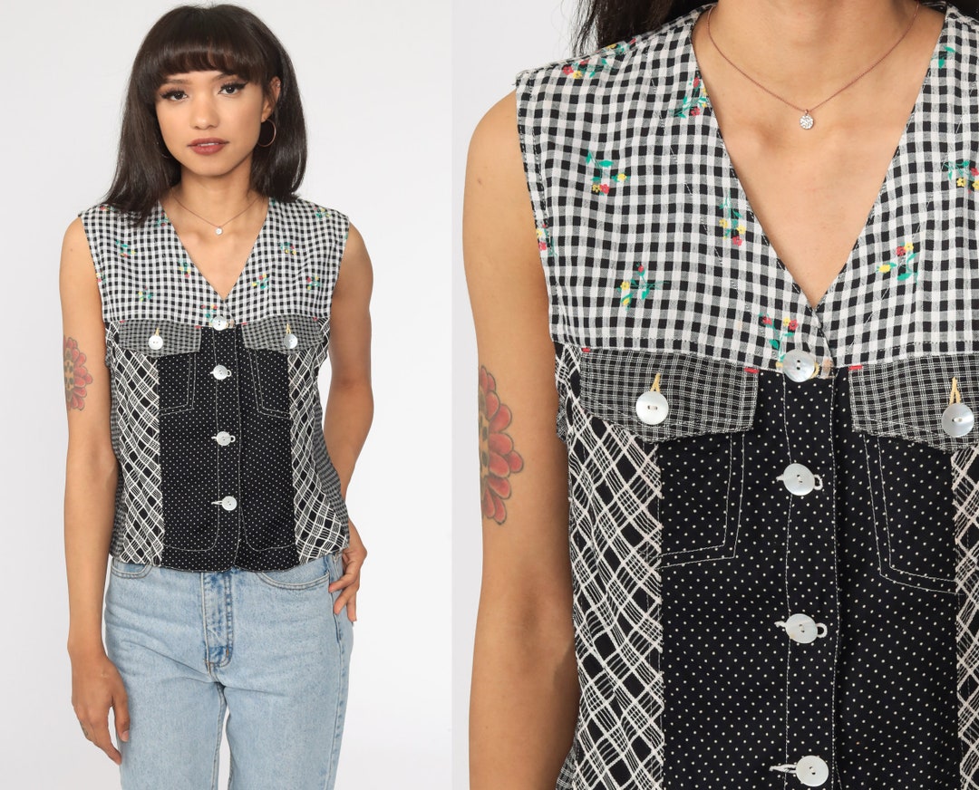 Black Checkered Tank Top 90s Plaid Blouse CROP TOP Checkered Shirt ...