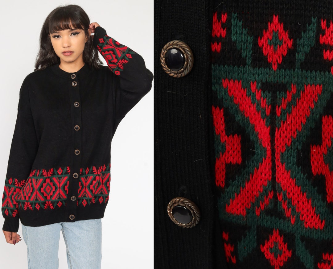 Southwestern Sweater Aztec Cardigan Boho 80s Knit Sweater Black Red ...