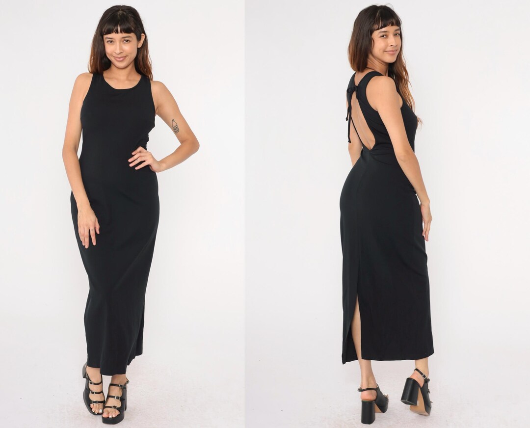 Vintage Black Backless Dress 90s Party Maxi Dress Open Back Goth ...