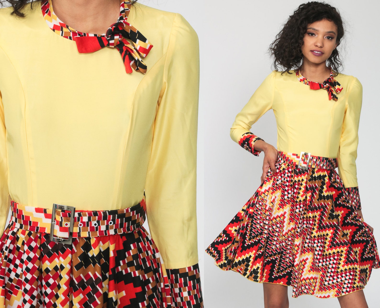 70s Mini Dress Zig Zag Geometric Print 60s Mod High Waisted | Etsy