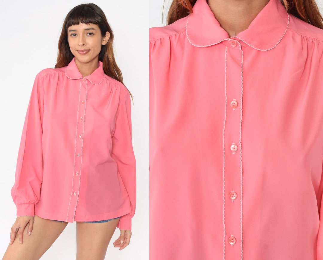 70s Peter Pan Collar Blouse Pink Button up Shirt Long Sleeve Retro ...