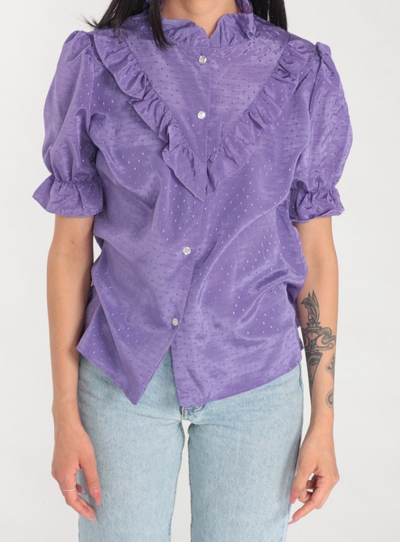 Purple Ruffle Blouse 80s Puff Sleeve Button Up Top Re… - Gem