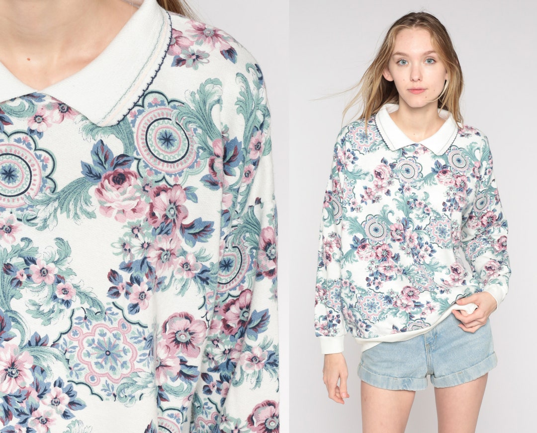 Collared Floral Sweatshirt 80s Grandma Sweatshirt 90s Sweatshirt ...