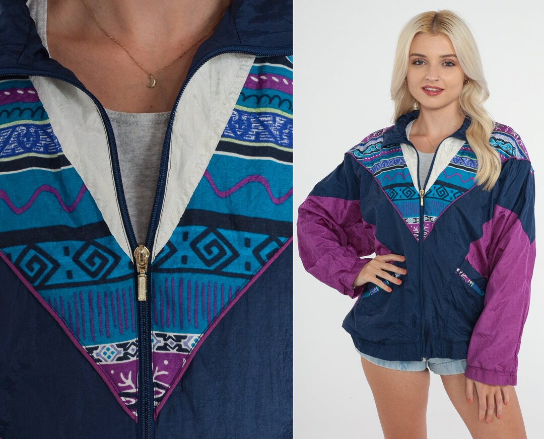 90s Windbreaker Zip up Track Jacket Blue Purple Color Block Abstract ...