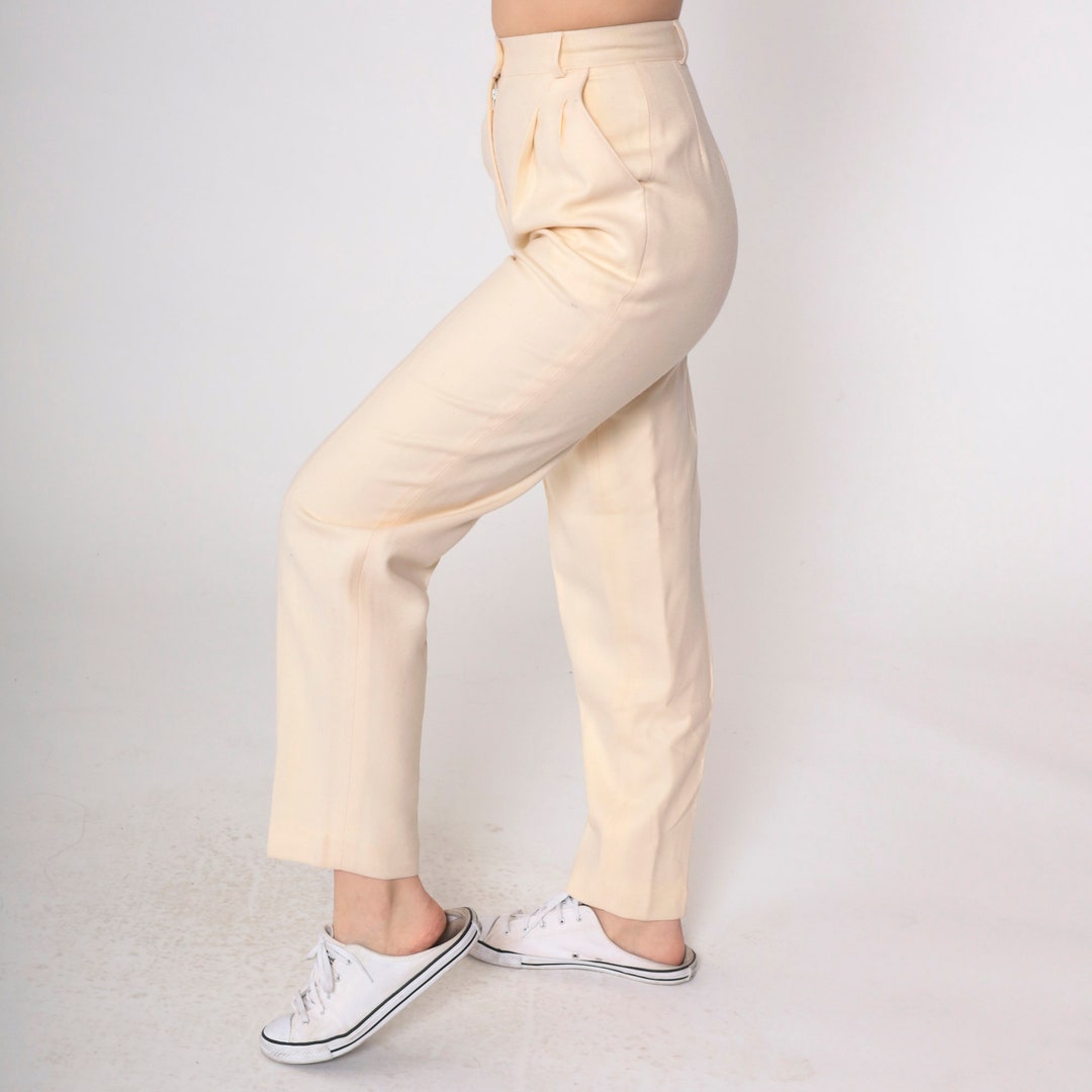 Cream Wool Trousers 80s Pleated Pants High Waisted Tapered Straight Leg ...