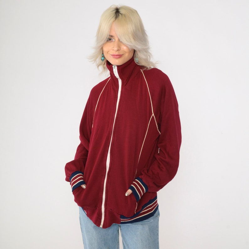 Burgundy Track Jacket 80s Zip up Sweatshirt Basic Bomber White Striped ...