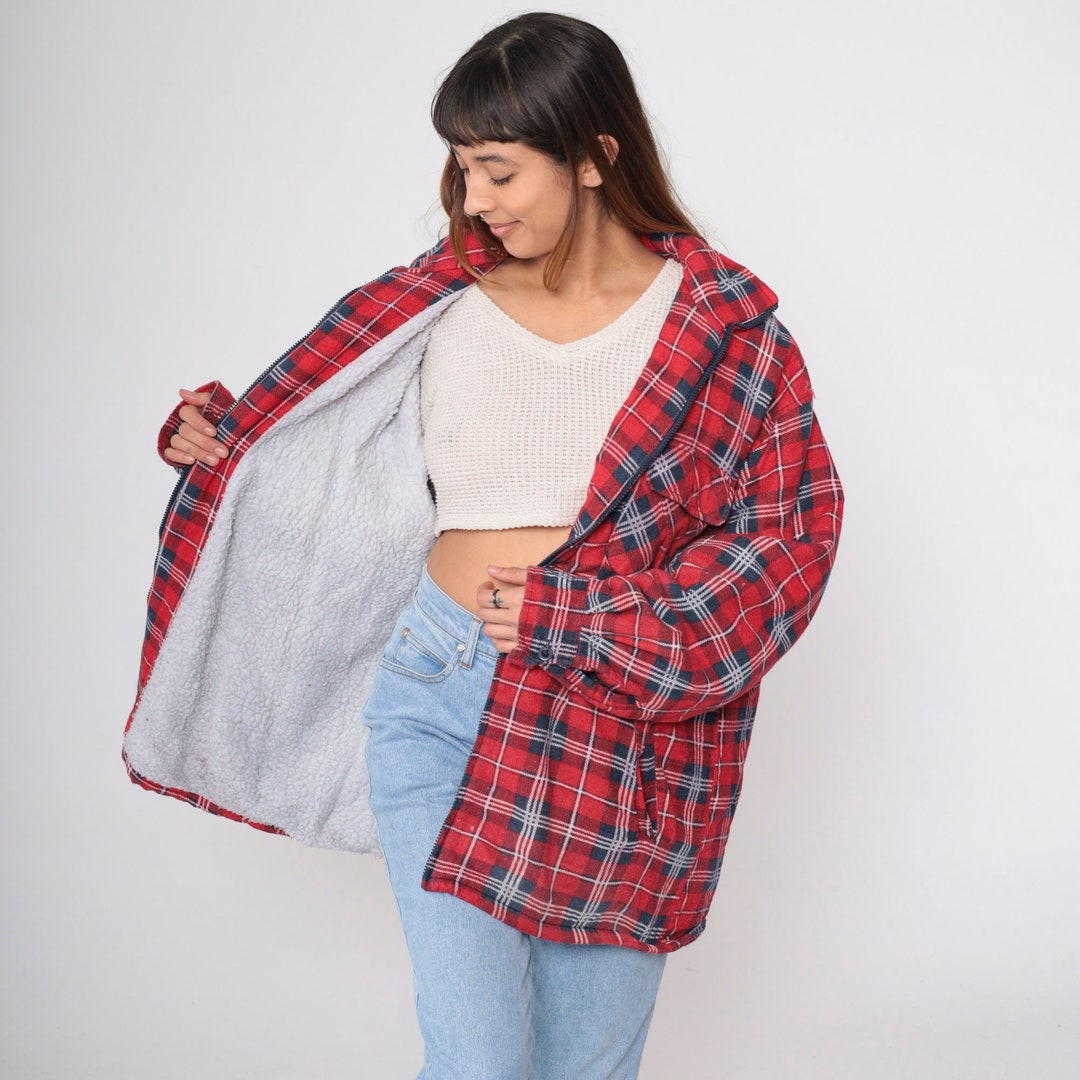 90s Plaid Jacket Red Flannel Zip up Sherpa Lined Jacket Collared ...