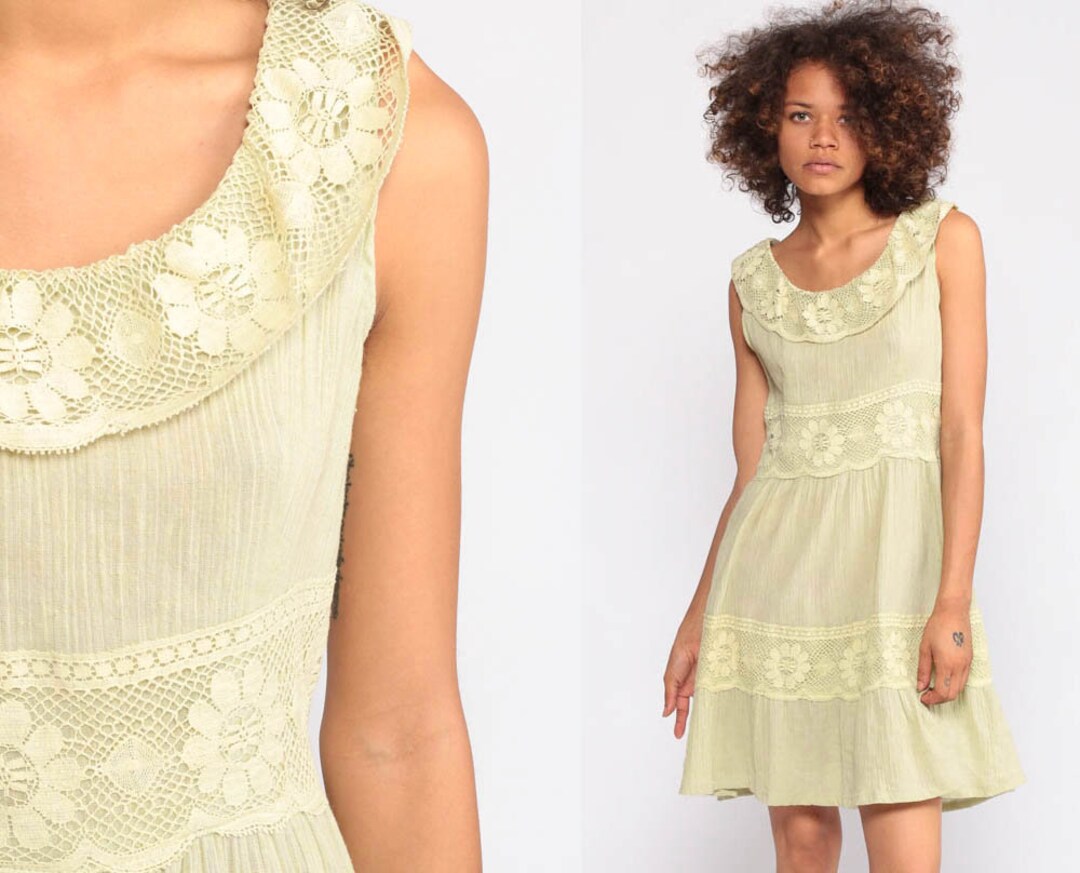 70s Bohemian Dress Mini Dress Gauze LACE TRIM 1970s Boho Dress Green ...
