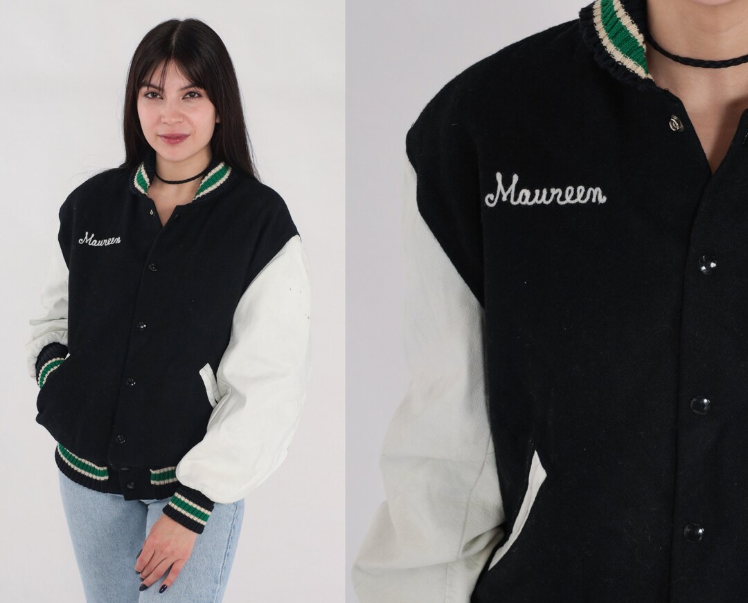 90s Letterman Jacket Black White Varsity Jacket Wool Leather Maureen ...