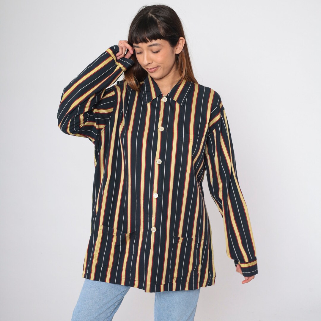 Black Striped Blouse 90s Button up Shirt Yellow Red White Vertical ...
