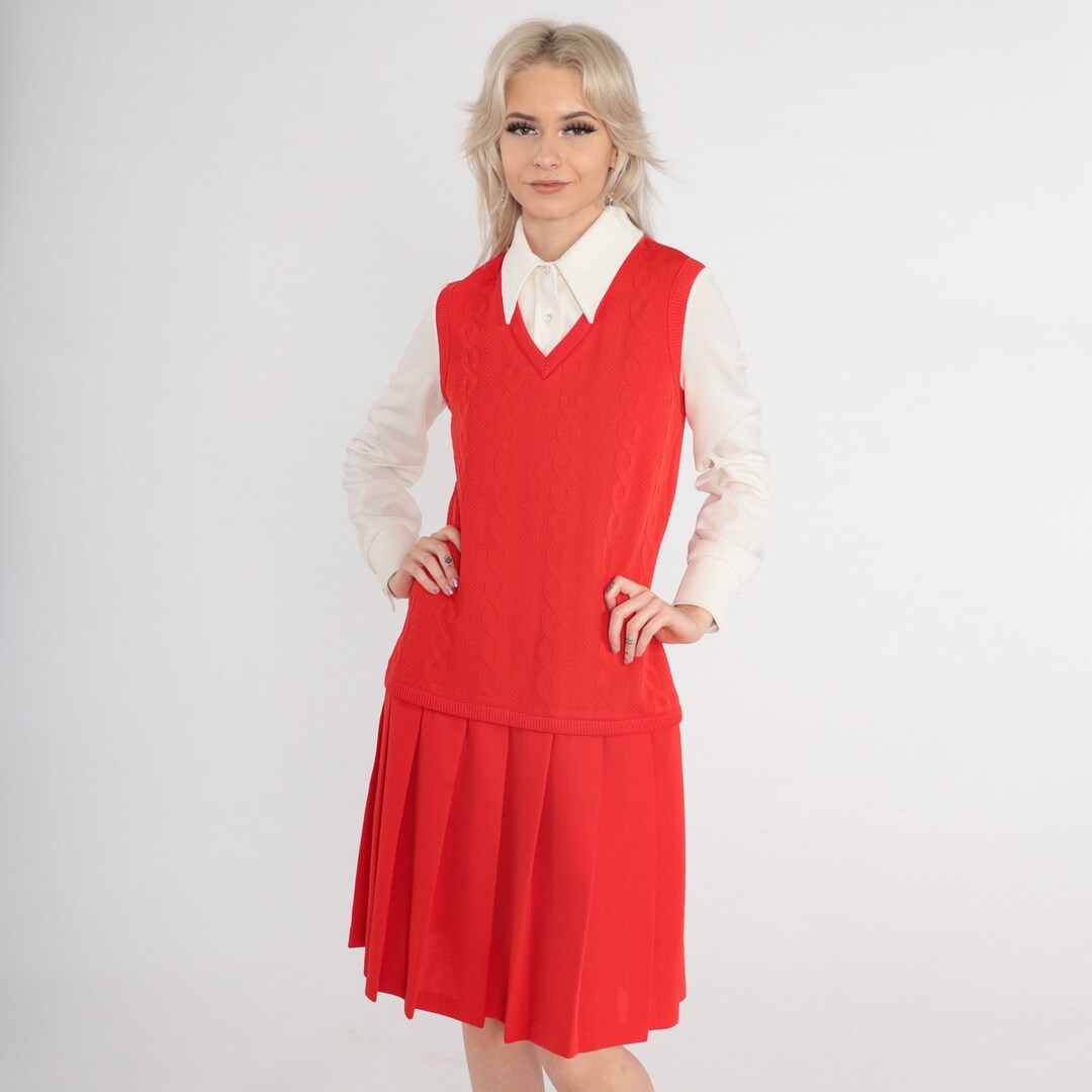 Pleated Mod Dress Red 60s 70s Scooter Dress Cable Knit Vest Nerdy Shift ...