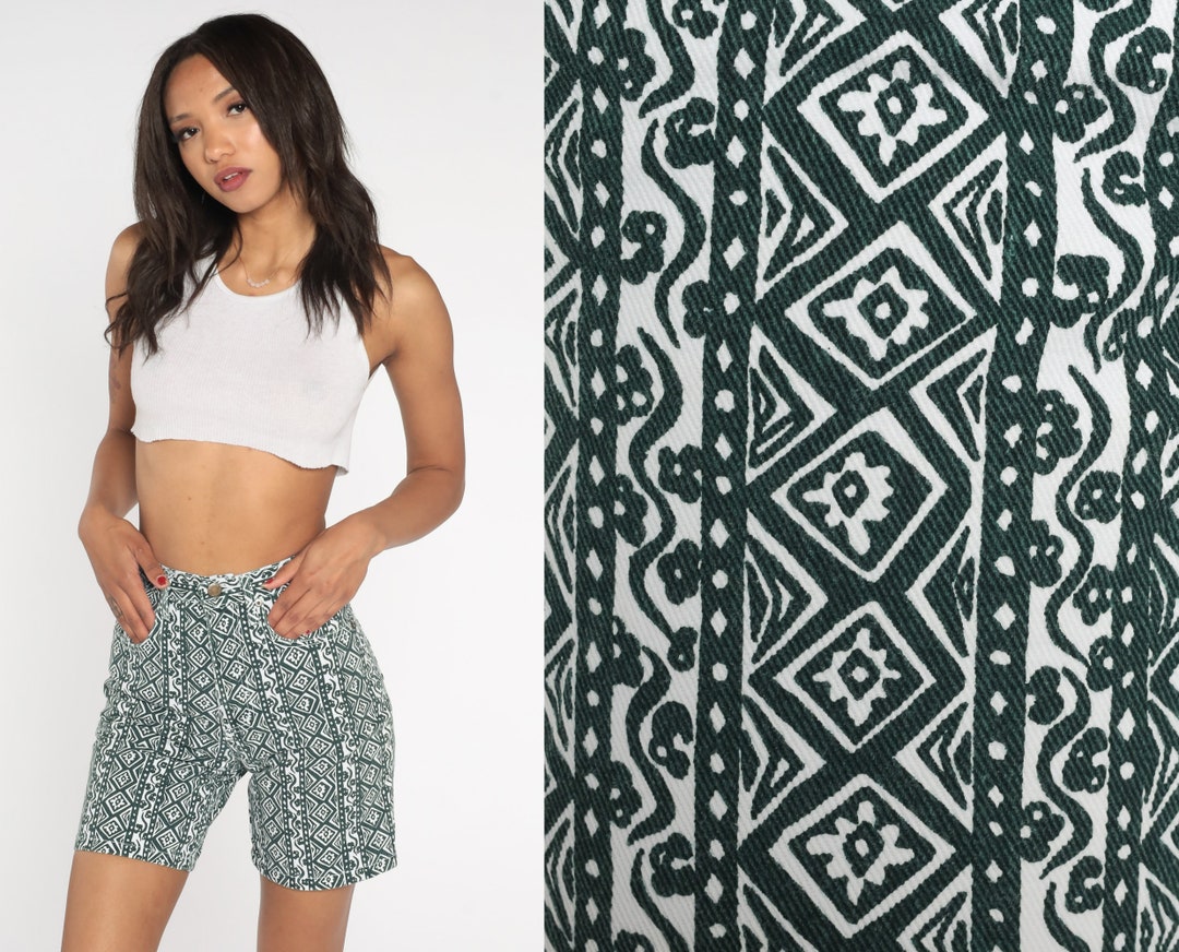 Floral Denim Shorts 90s Green White Jean Shorts High Waisted Rise ...
