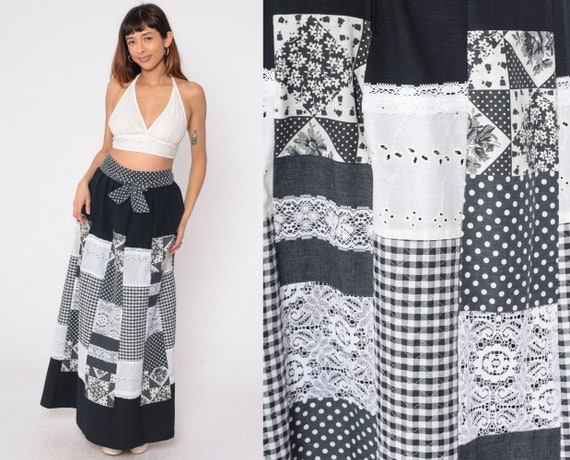 70s Patchwork Skirt Black White Maxi Wrap Skirt Eyele… - Gem