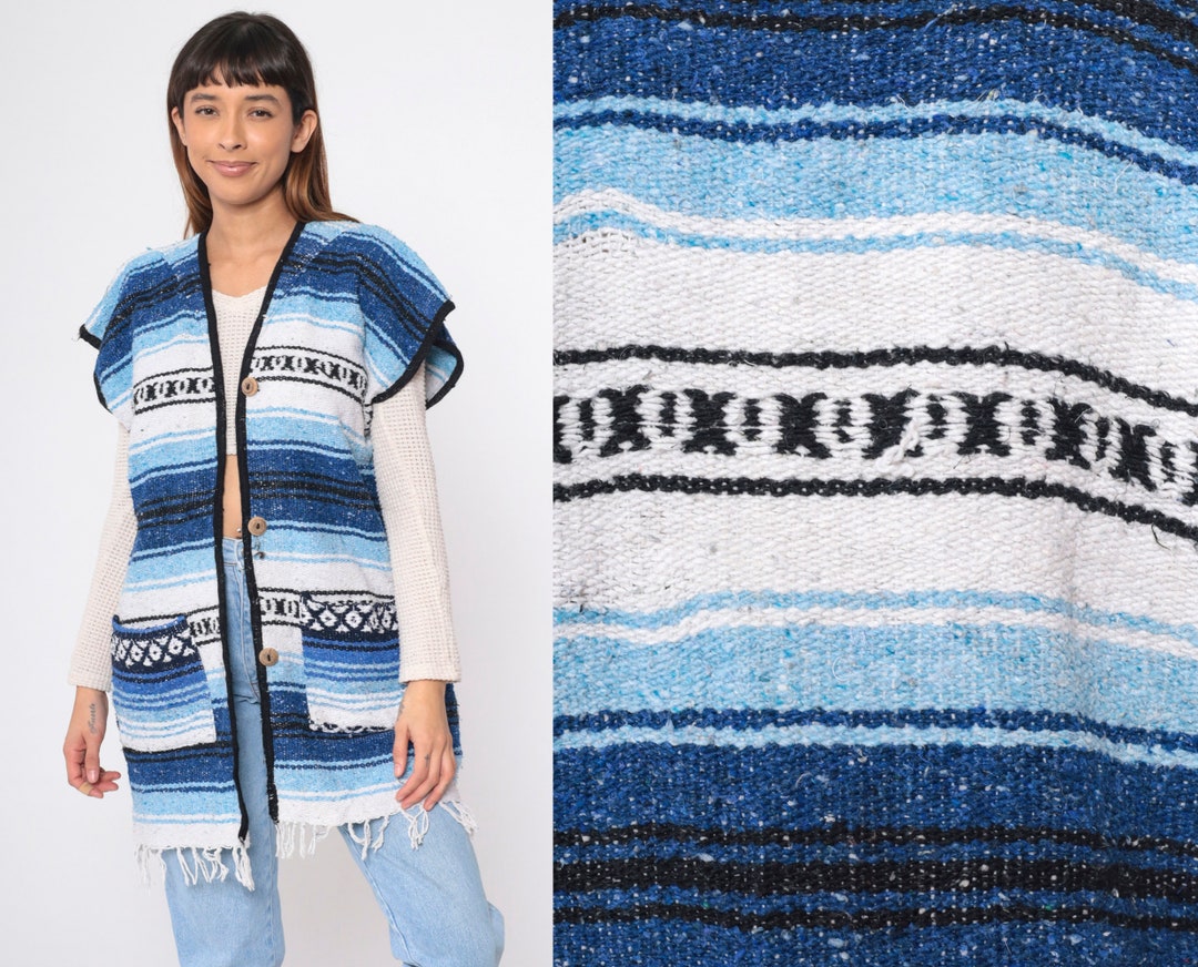 Mexican Serape Vest Jacket Fringe Poncho Blanket Jacket Short Sleeve ...