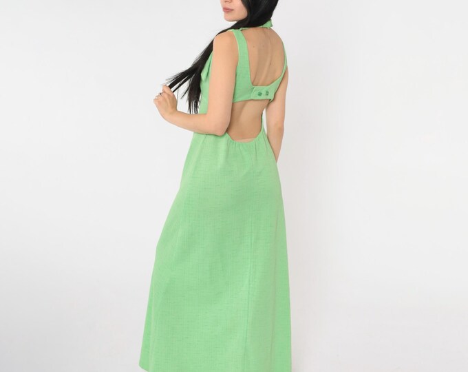 1970s Backless Maxi Dress Long Green Mod Party Dress 70s Boho V Neck ...