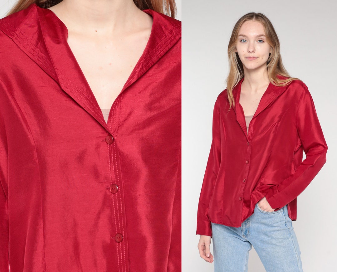 Red Silk Blouse Y2k Button up Shirt Retro Plain Simple Long Sleeve ...
