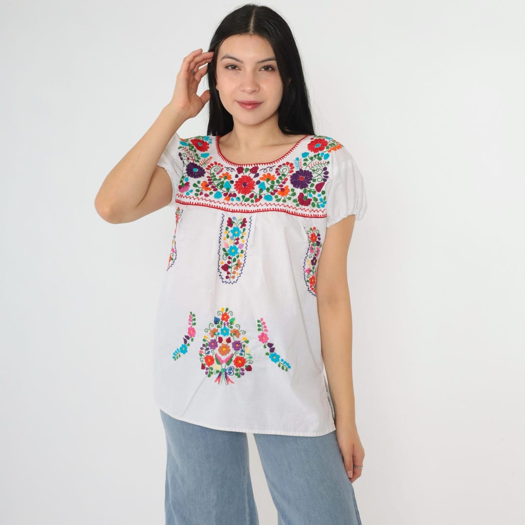 Mexican Floral Blouse 90s Embroidered Top White Flower Peasant Hippie ...