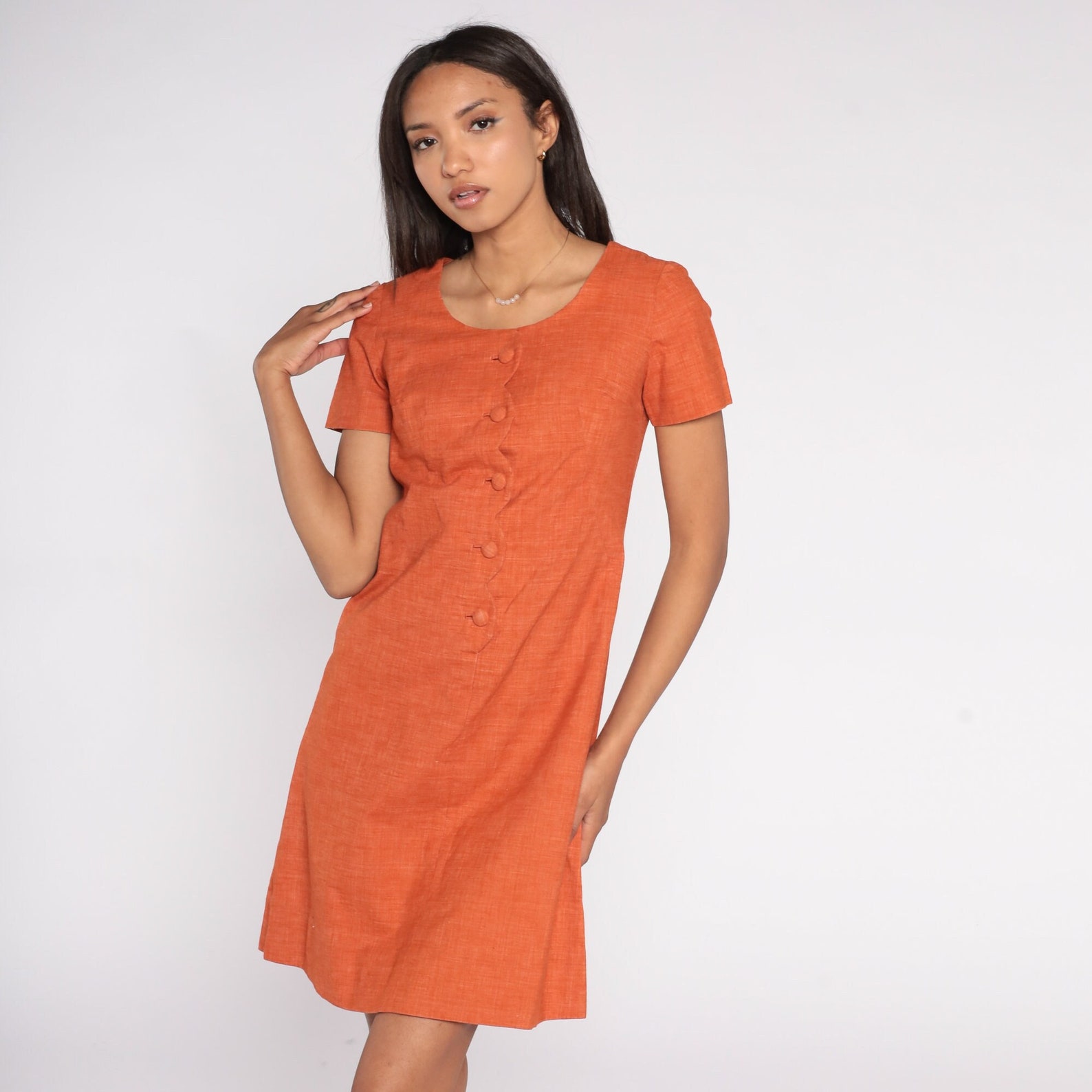 Burnt Orange Shift Dress 60s Mod Mini Dress Button up Retro Day Dress ...