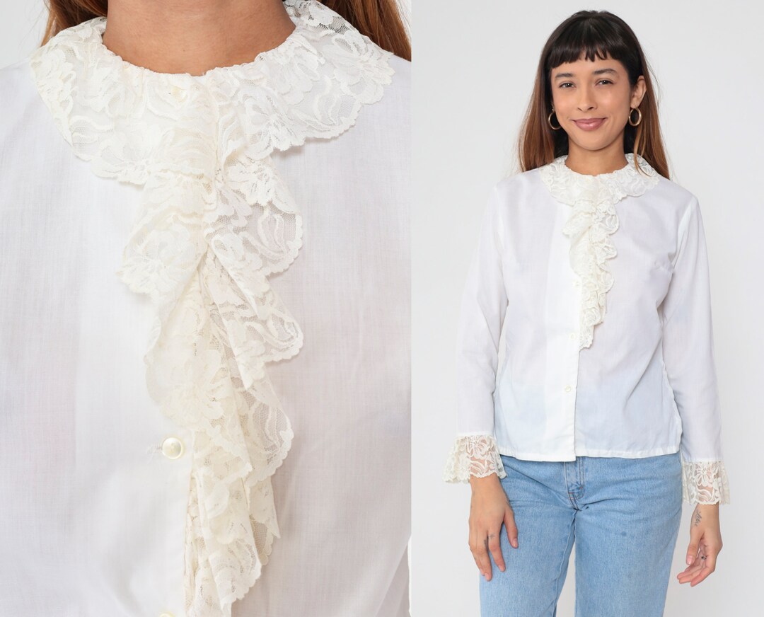 70s Tuxedo Shirt White Lace Ruffle Blouse Button up Top Ruffled ...
