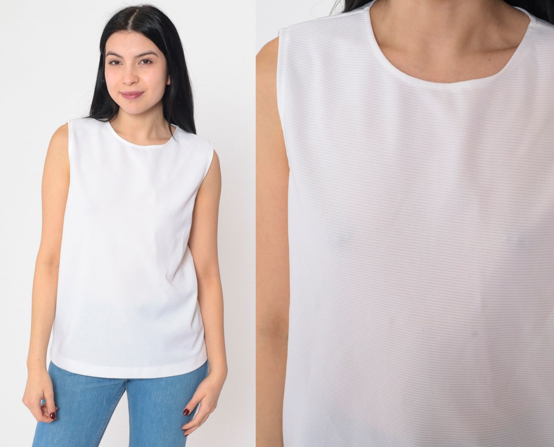 Plain White Tank Top 70s Semi-sheer Ribbed Sleeveless Shirt Retro Tank ...