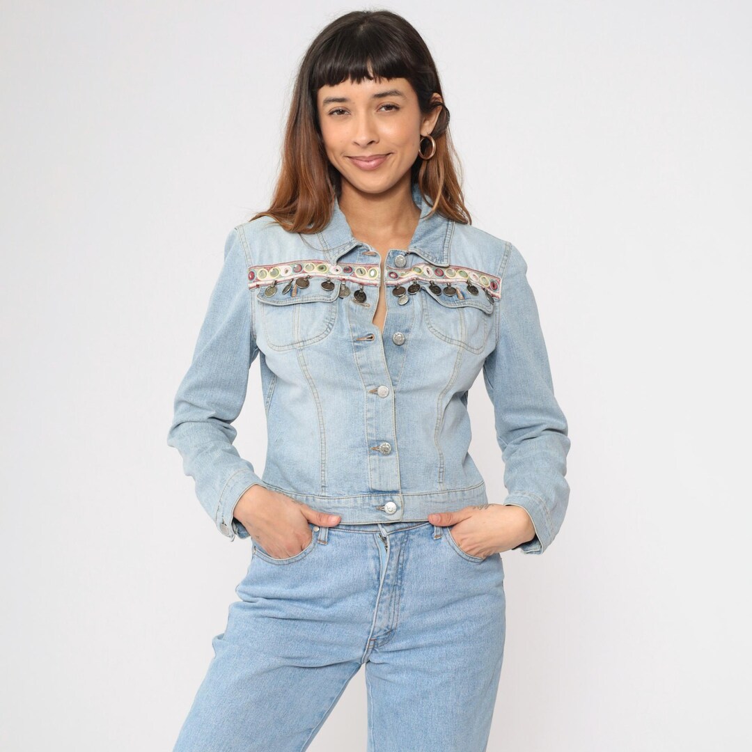 Embellished Denim Jacket Y2k Coin & Indian Mirror Work Button up Jean ...