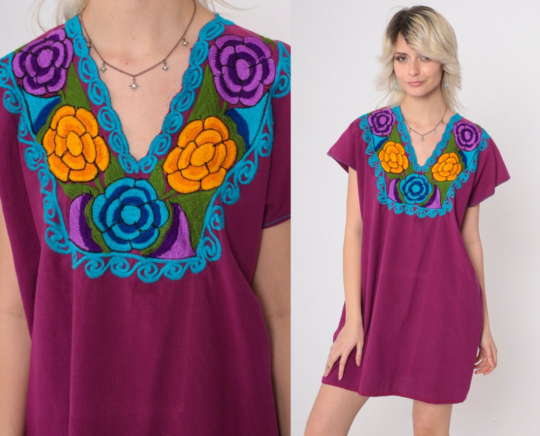 Purple Mexican Dress 90s Floral Embroidered Mini Dress Short Sleeve ...