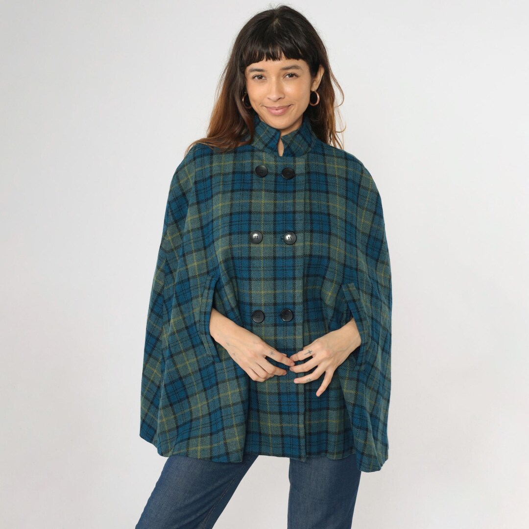 Vintage 70s Blue Plaid Wool Cape Coat Double Breasted Button up Green ...