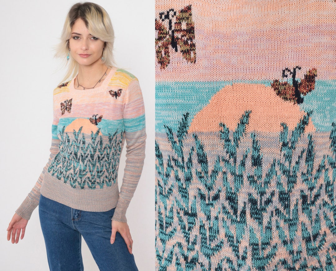 70s Arpeja Sweater Sunset Butterfly Print Space Dye Sweater Bohemian ...