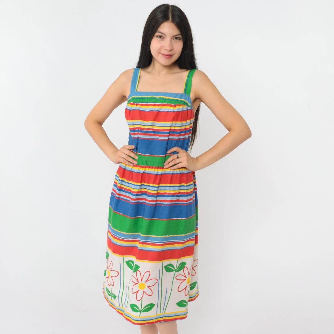 70s Striped Sun Dress Vintage Floral Midi Dress Retro High Waisted ...