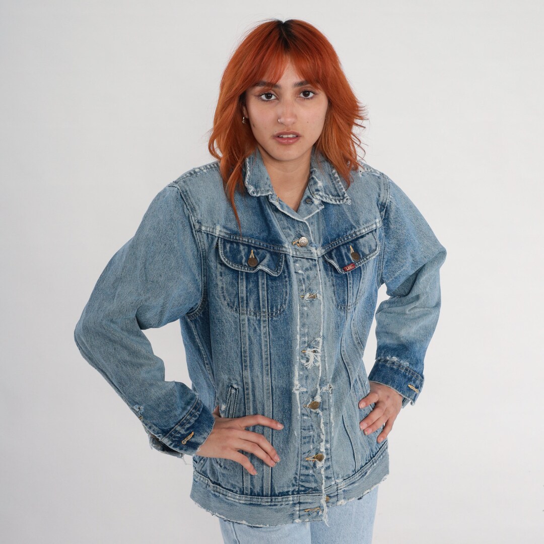 80s Denim Jacket LEE Jean Jacket Distressed Ripped Jean Jacket Vintage ...