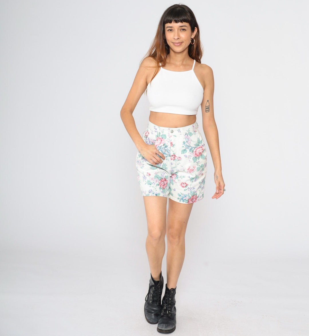 90s Floral Jean Shorts Denim Shorts White Pastel Pink Green Jeans ...