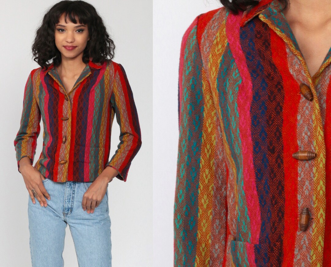 Wool Toggle Jacket Striped Jacket Wooden Button Red Pink Boho - Etsy