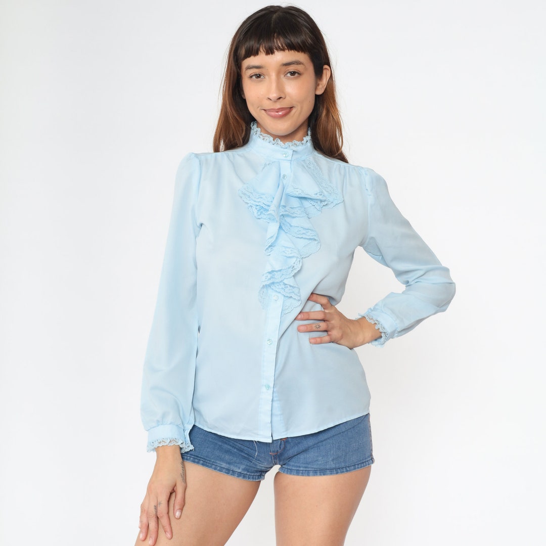 Baby Blue Ruffle Shirt 70s Tuxedo Button up Jabot Collar Blouse Lace ...