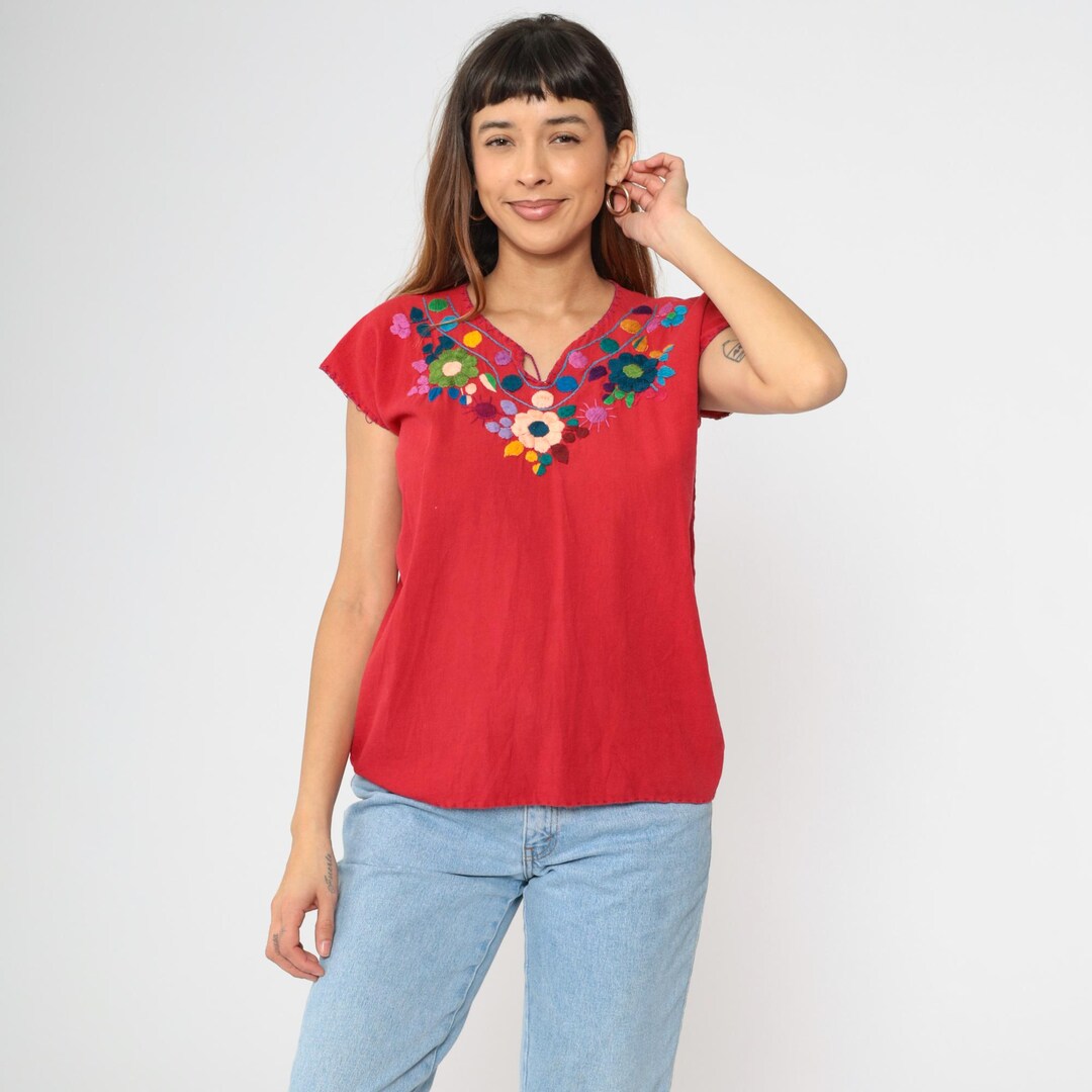 Vintage Red Floral Blouse 90s Mexican Embroidered Shirt Hippie Top ...