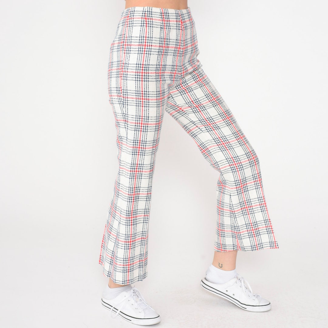 60s Plaid Pants White Flared Tartan Trousers High Waisted Red Navy Blue ...