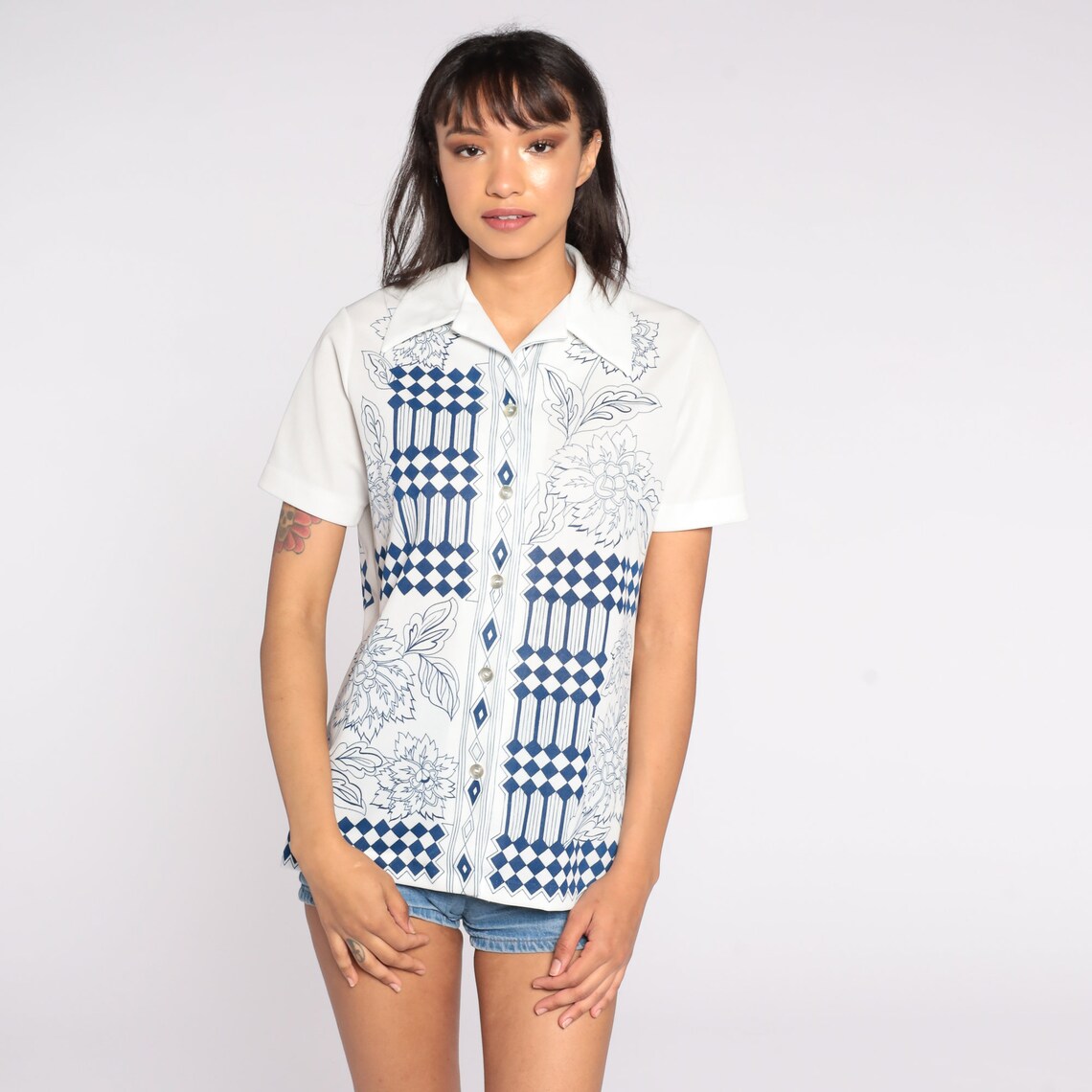 Button up Shirt White Floral Blouse 70s Checkered Hippie Boho - Etsy