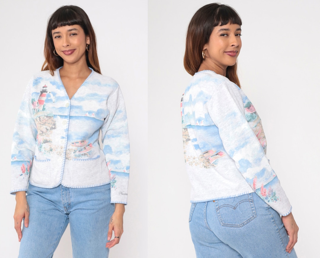 Nantucket Lighthouse Cardigan Sweatshirt 90s Nautical Boat Sweatshirt ...