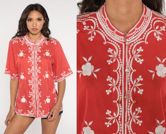 Red Floral Blouse 70s Boho Top Semi-Sheer Embroidered… - Gem